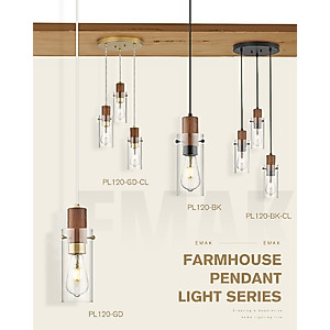 Emak Gold Pendant Light Fixtures, 3-Light Pendant Lights with Clear Glass Shade, Modern Farmhouse Hanging Lights for Kitchen Island, Dining Room, Bathroom, Bedroom, PL120-GD-CL