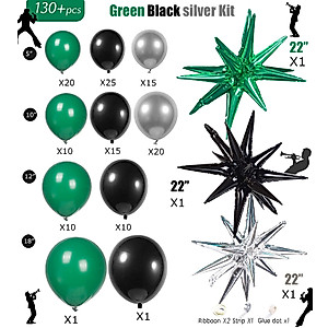 Black and Green Silver Balloon balloon garland kit 130Pcs forest Green Chrome Silver large starburst foil Hunter green balloons for Birthday Party 2024 graduation Spring Decorations