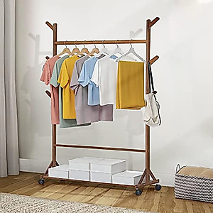 MoNiBloom Garment Racks with Wheels, Bamboo 2-in-1 Free-Standing Rolling Garment Rack Closet Organizer with Bottom Storage Shelf with 6 Hooks for Bedroom Entryway Office, Brown