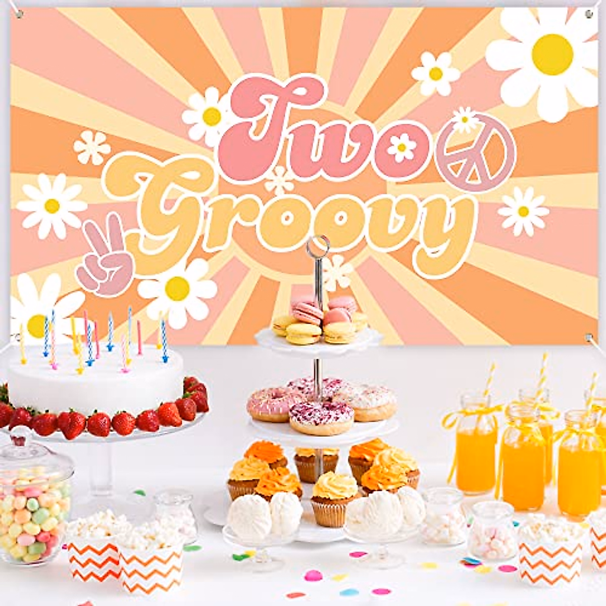 PANTIDE Two Groovy Retro Hippie Boho Girl Party Backdrop Banner Daisy Flower Groovy XtraLarge Photography Background Wall Decor Hippie Birthday Party Decoration Supplies for Baby Girls 2nd Birthday