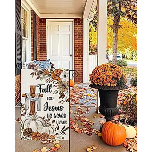 Fall Cross Garden Flags for Outside Decorations, Religious Cross Fall for Jesus with Pumpkins Maple Leaves Small Yard Flag, Harvest Autumn Thanksgiving Seasonal Farmhouse Holiday Outdoor Decor 12x18 Inch Vertical Double Sided