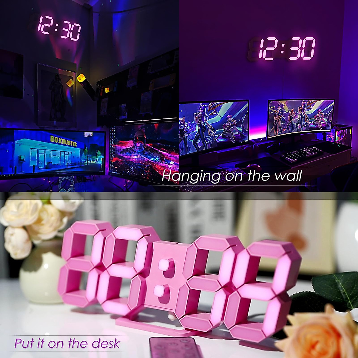 KOSUMOSU Pink LED Clock 3D Wall Clock 9.7" Table Clock for Living Room Modern Digital Clock for Bedroom Aesthetic Bedside Desk Clock with Remote/Dimming/12/24H/Temp/Alarm Clock/Date