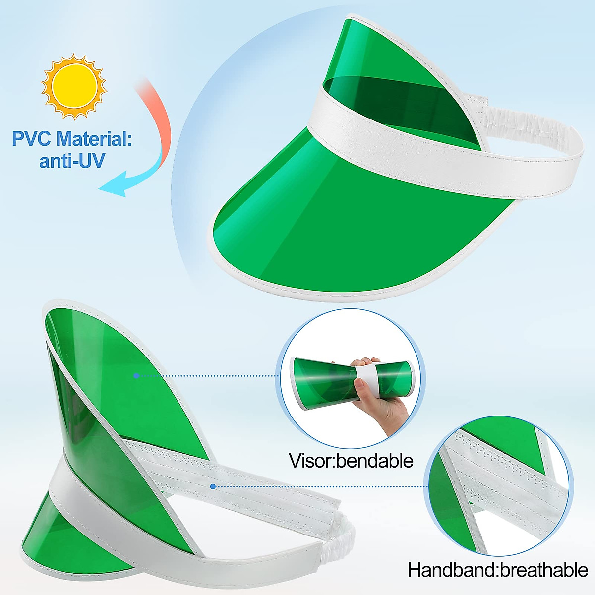 JenPen 12 Pack Unisex Plastic Sun Visors Hats Clear UV Protection Poker Cap for Men Women Sports Outdoor Golf Activities(White Frame)