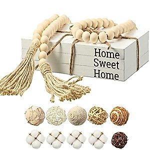 Yerliker Decorative White Books Set Farmhouse Home Coffee Table Faux Stacked Books with Wood Bead,and Spherical Wicker Rattan Ball,Cotton Bowl and Vase Filler for Living Room Shelf Decor
