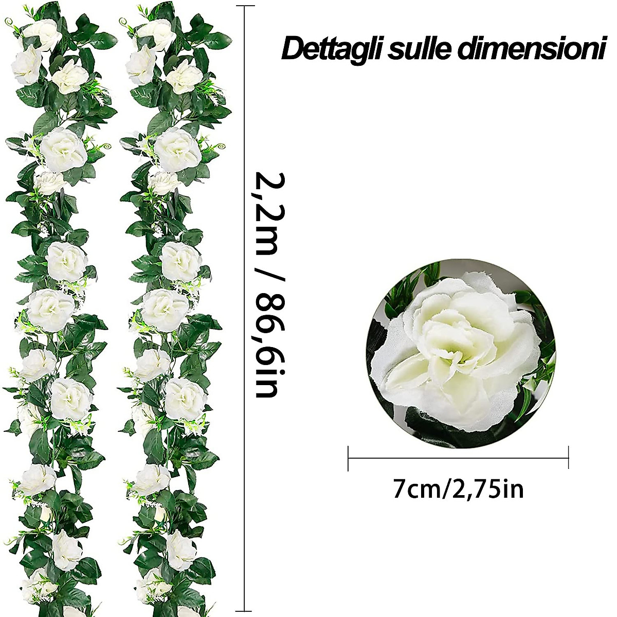 Menoeceus 2 Pack Artificial Silk Rose Vines Garland Fake Flower Plants Arts Hanging Decoration for Outdoor Indoor Home Kitchen Garden Office Wedding Ceremony Hotel Party Art Decor (White)