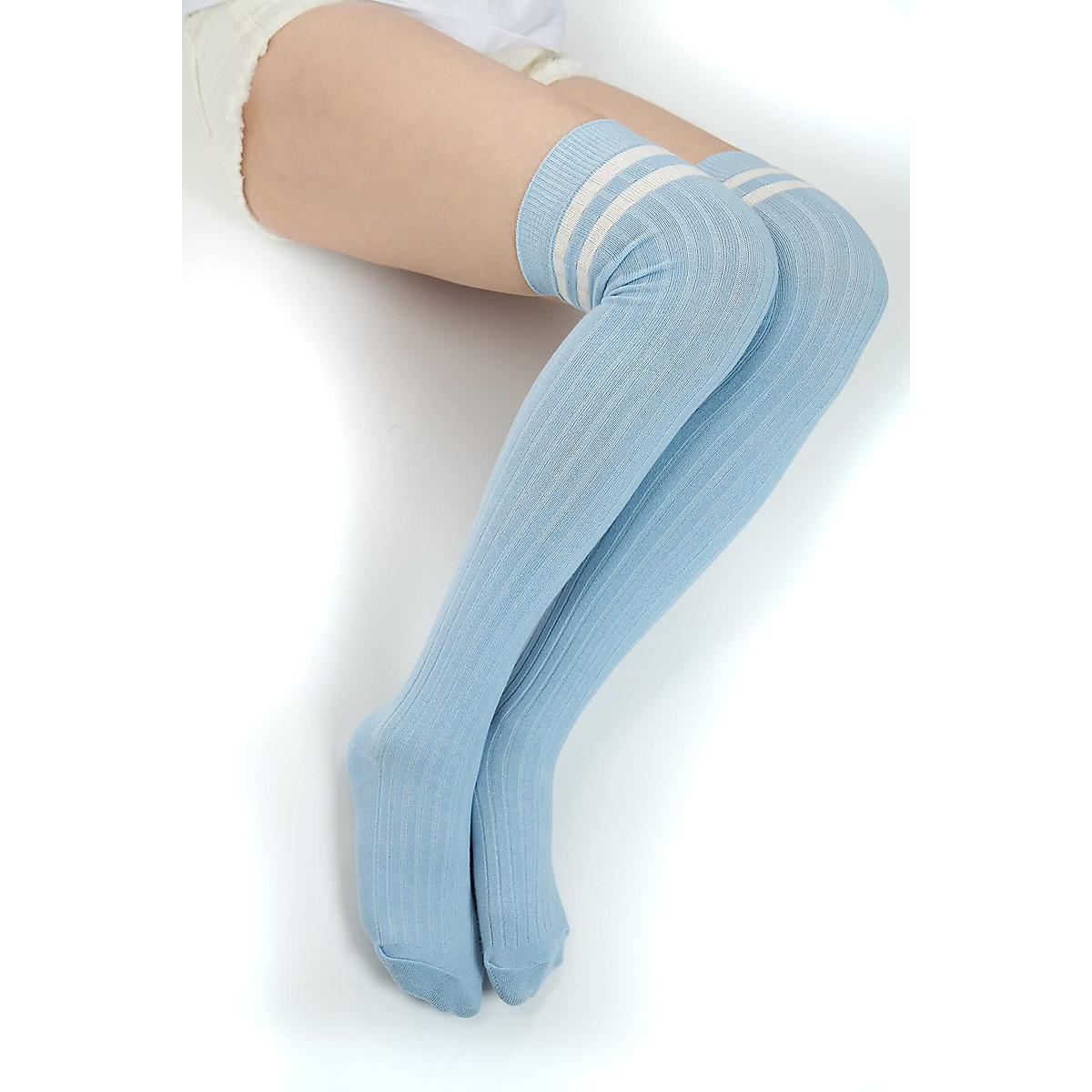 SERICI Thigh-High Socks | Womens Striped Cotton Thigh High Tube Sock | Over Knee Boot Socks (Pink, Baby Blue, Lilac)