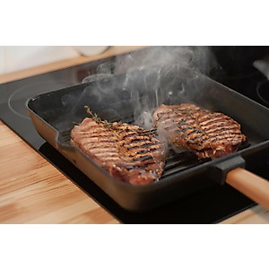 STP GOODS Cast Iron Grill Pan with Removable Wooden Handle 10.2" Kitchen Cooking Pan 2.74 Qt Square Cast Iron Skillet, Camping Pan for Indoor and Outdoor Cooking, Induction Safe, Black