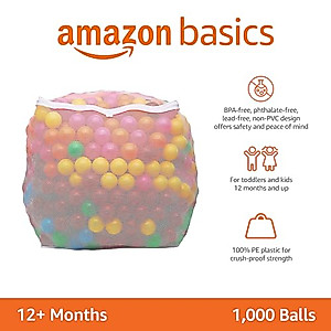 Amazon Basics BPA Free Crush-Proof Plastic Ball, Pit Balls with Storage Bag, for Toddlers Kids 12+ Months Play, Pack of 1000 Balls, 6 Bright Colors