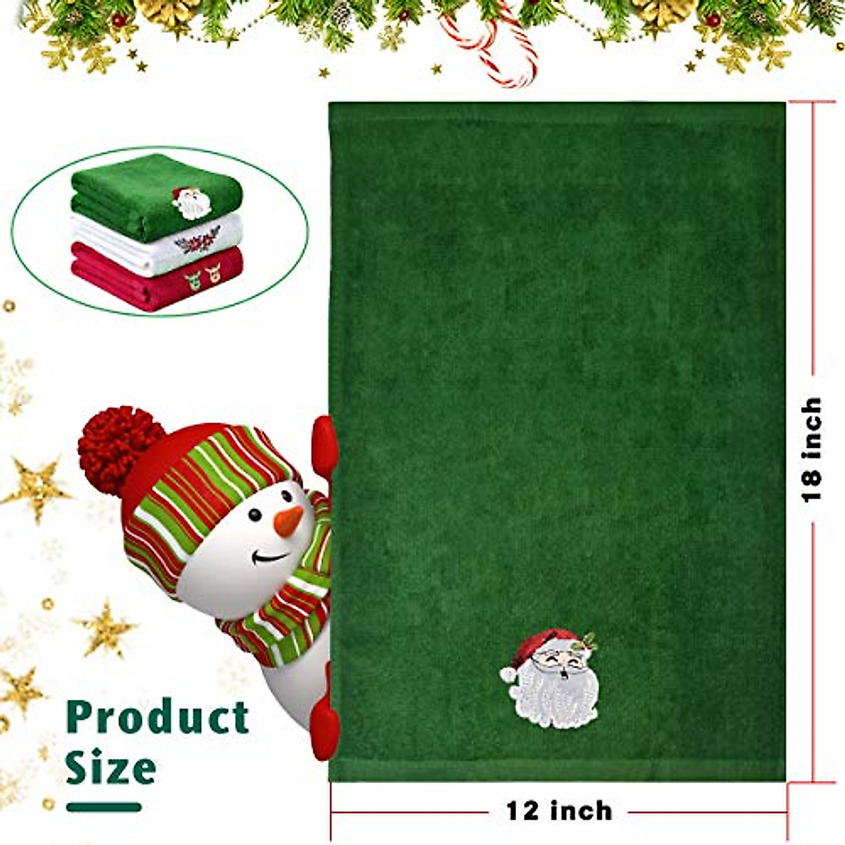 Portin Christmas Decorative Kitchen Towel Hand Towels Dish Towel Set Highly Absorbent 12" x 18" Gift-Christmas, 3 Pack (Red, White, Green)