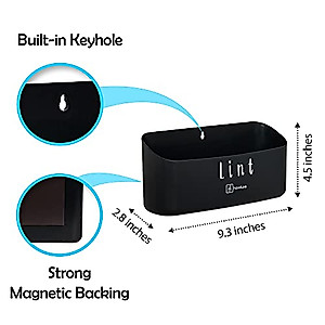 HowLuxe Magnetic Lint Bin for Laundry Room - Minimalist Plastic Dryer Lint Bin Organizer with Strong Magnet Backing - Hole Hanger Wall Mount Dryer Ball or Dryer Sheets Container, Black, Small