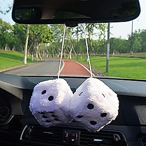 Pair 3” Purple with White Dots Mirror Fuzzy Plush Dice, Purple and White Soft Plush Car Decorative Hanging Ornament.