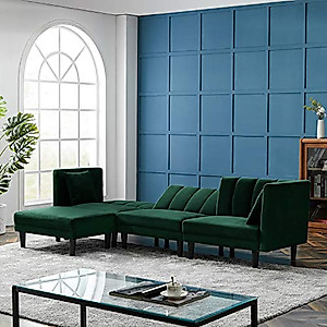 FREESNOOZE 106'' Velvet Reversible Sectional Sofa Sleeper Sofa Bed with Plastic Legs(Dark Green)