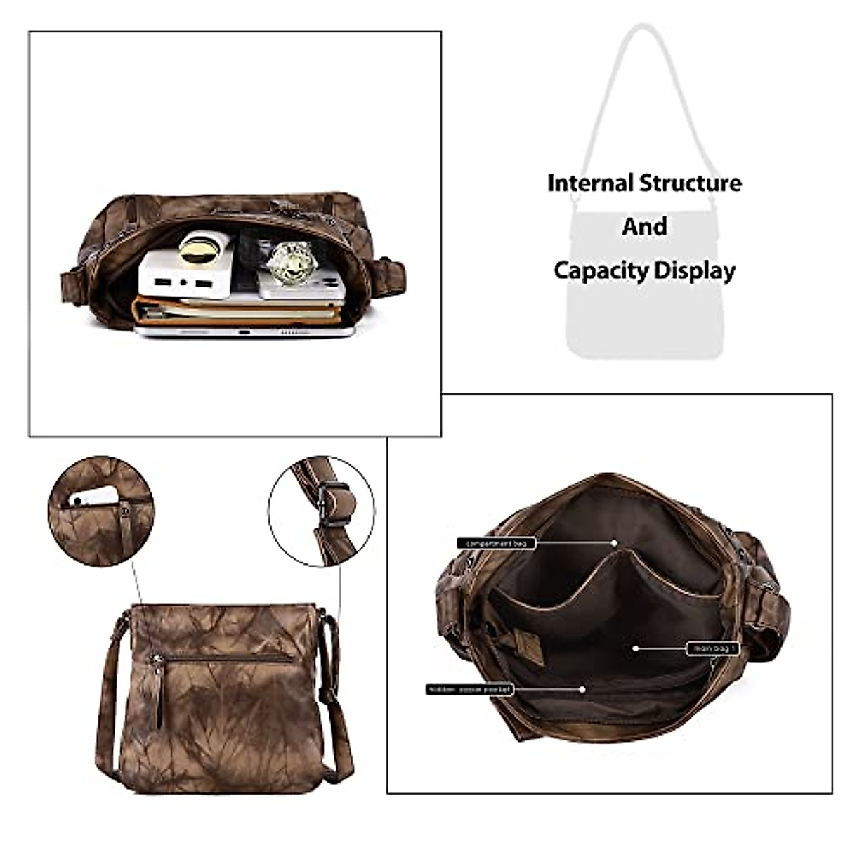 Small Crossbody Bags for Women Lady Over Shoulder Purse Hobo Tote handbag Soft Washed Leather with Multi Pocket