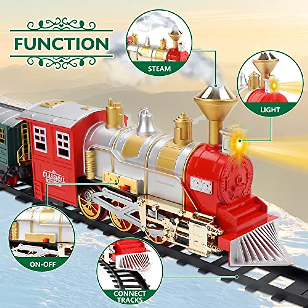 deAO Train Set for Christmas Tree,Classical Christmas Train Sets with Headlight, Smoke, Realistic Sounds, 3 Car Carriage and 11 Feet Track – Great Accessory for Kids and Christmas Decoration