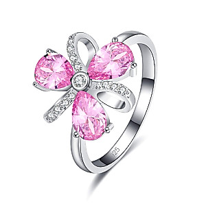 Emsione 925 Sterling Silver Plated Created Pink Topaz Pear Cut Clover Flower Eternity Anniversary Wedding Engagement Band Ring Size 8
