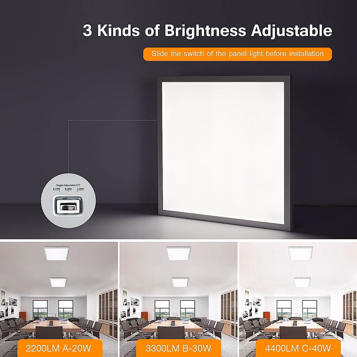 Mcacggo 2x2 LED Flat Panel Light Surface Mount, 40W-30W-20W & 3000K-4000K-5000K Selectable, 0-10V Dimmable, 24 Inch Square Flush Mount Ceiling Fixture for Kitchen, Shop, 100-277V, ETL, 2 Pack