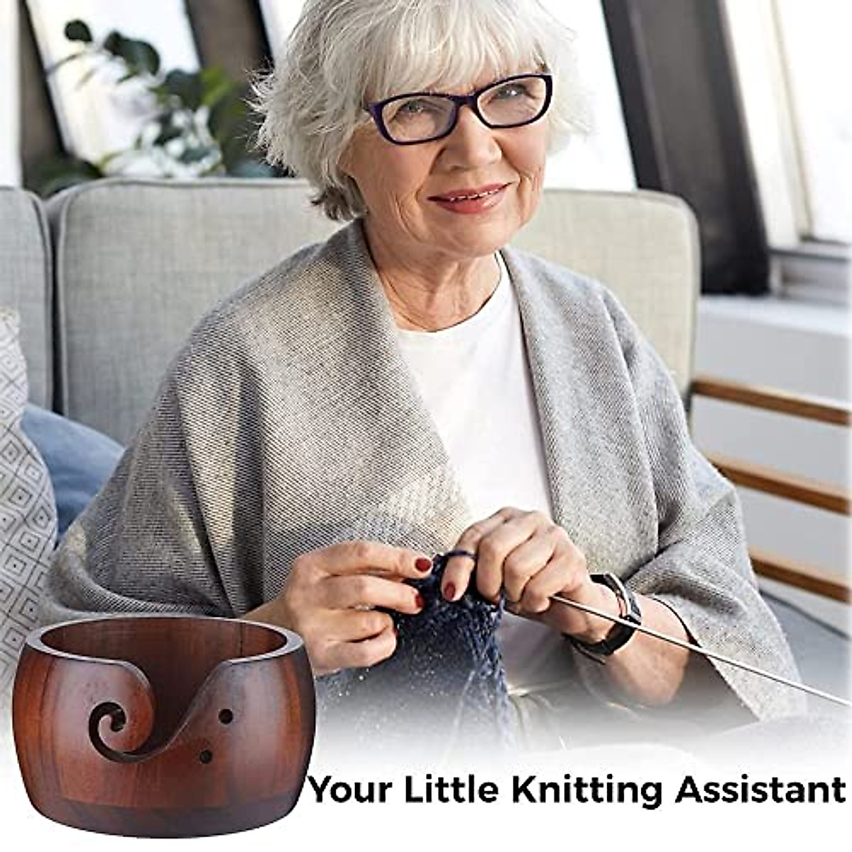 gofidin Craft DIY Arts with Handmade Holes Knitting Crochet Weaving Tool Wool Holder Organizer Wooden Yarn Bowl Woolen Knitting Storage Basket(2)