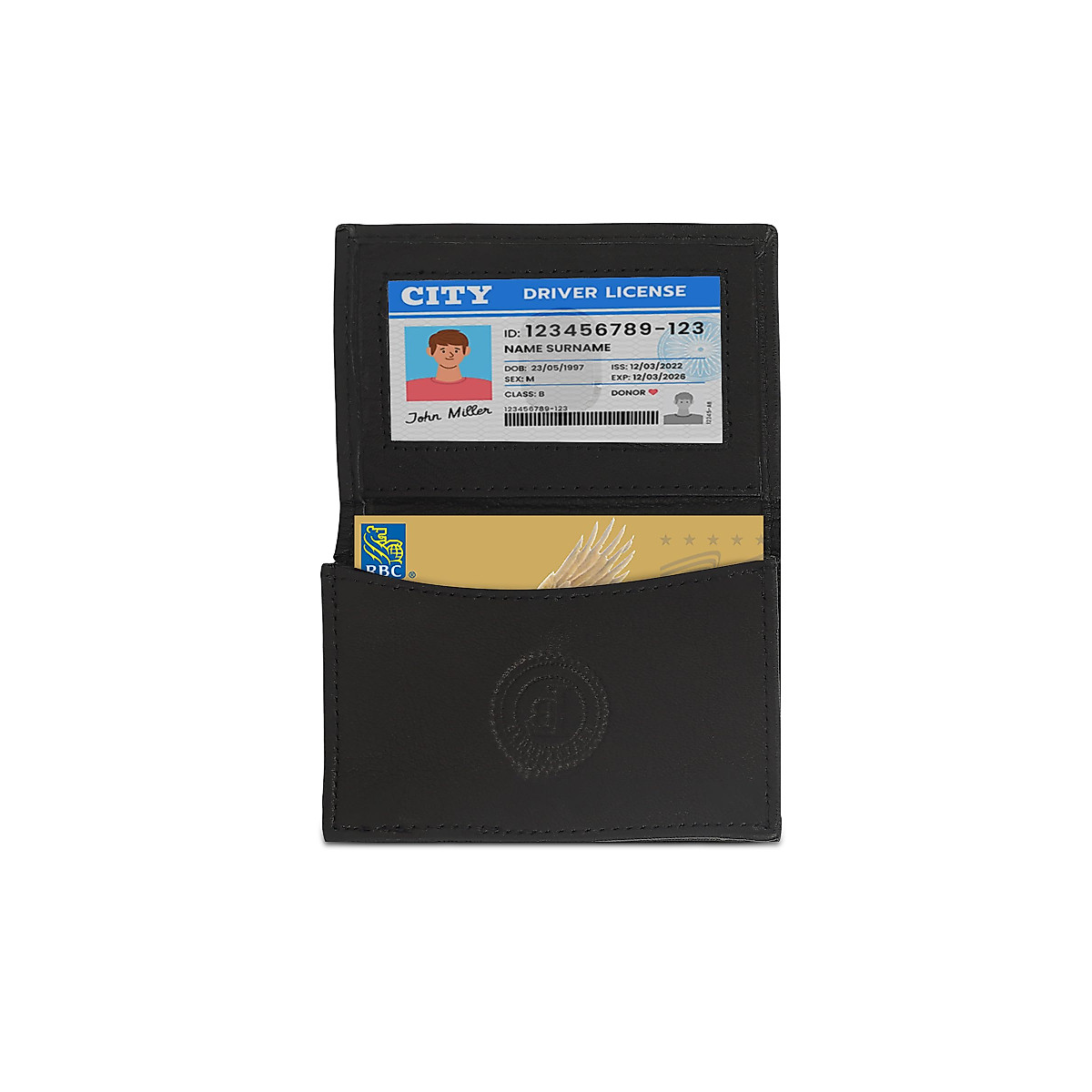 Leatherboss Genuine Leather Business Card Holder | Expandable Pocket, Credit Card & ID Slots | Stylish & Compact | Black