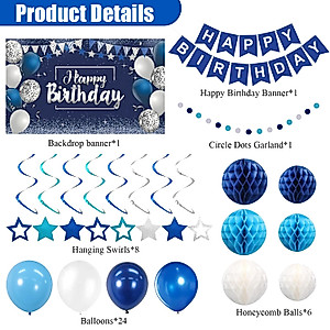 Blue Happy Birthday Decorations, 41 Pack Happy Birthday Banner, Balloons, Backdrop, Hanging Swirl, Honeycomb Ball and Circle Dot Garland Supplies for Birthday Party