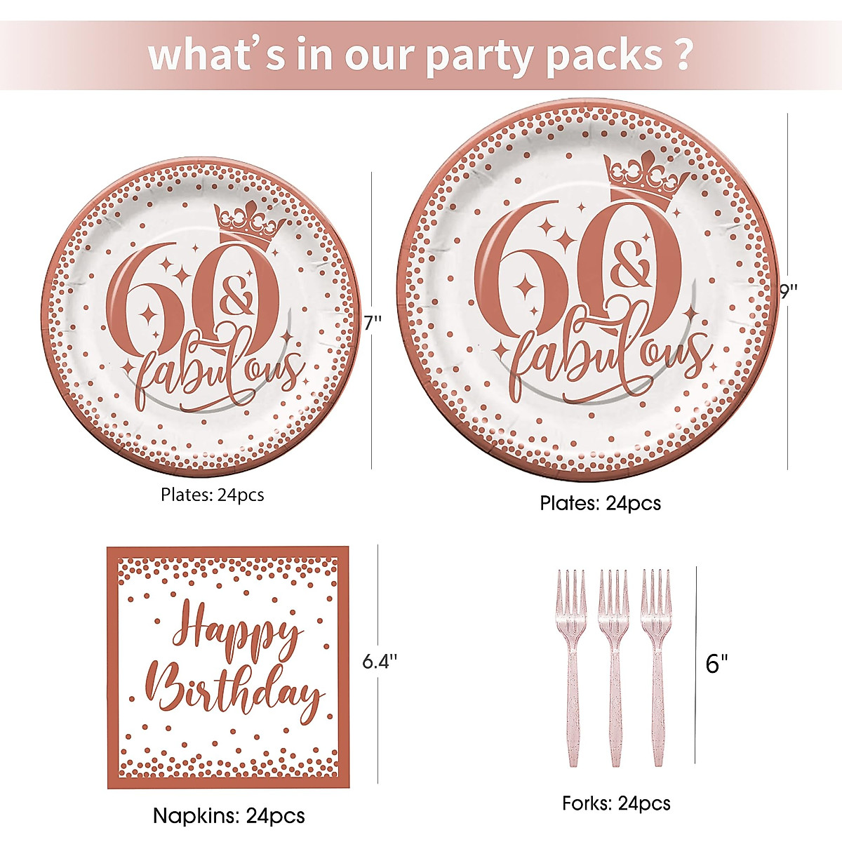 GREPARPY 60th Birthday Decorations Women Tableware - Rose Gold 60 And Fabulous Birthday Decorations Dinnerware, Sixty Birthday Plate, Napkin, Fork, Her 60-Year-Old Birthday Party Supplies | Serve 24