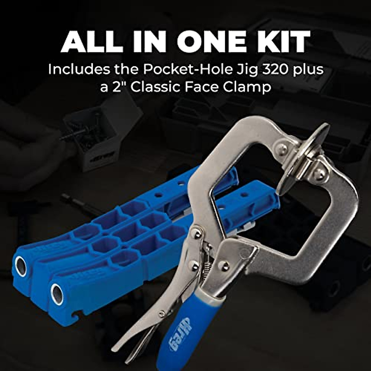 Kreg Pocket-Hole Jig 320 with Classic 2" Face Clamp - Durable Kreg Pocket-Hole Jig - Includes Wood Clamps for Woodworking - Jig for Tight Spaces - For Materials 1/2" to 1 1/2" Thick