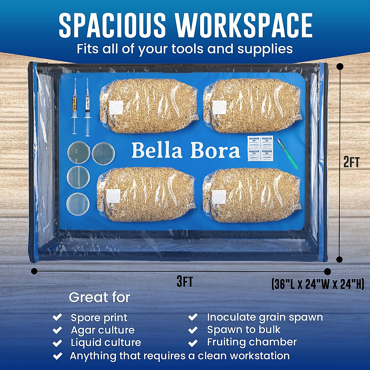 Bella Bora Still Air Box Mycology (Sturdy) Mushroom Grow Box Alt to Laminar Flow Hood Fume Hood for Lab Mycology Supplies by USA Mycologists V2 (Large)