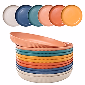 HXYPN 12 PACK 9 Inches Deep Dinner Plates Plastic Plates Reusable Unbreakable Kitchen Plate Sets Dishwasher and Microwave Safe Plates Wheat Straw Plates