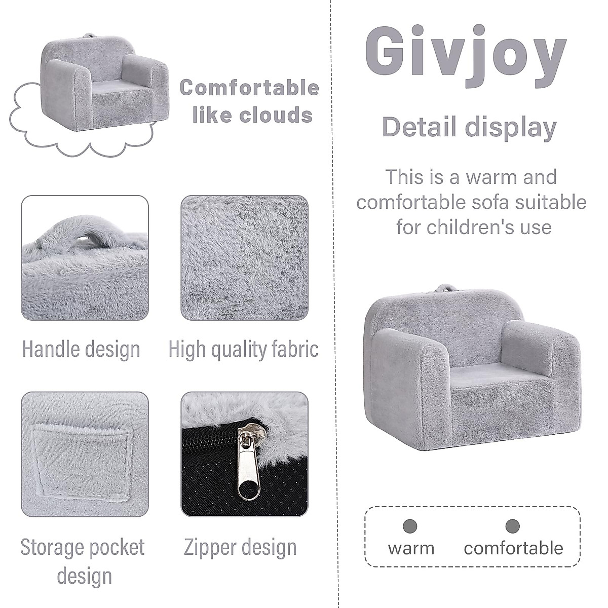 Givjoy Toddler Chair Plush Kids Couch, Comfy Kids Sofa Toddler Lounger Chair for Bedroom, Convertible Toddler Couch for Girls and Boys, Reading Chair for Kids