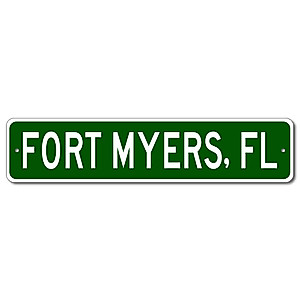 Fort Myers, Florida - USA City and State Street Sign - Personalized Metal Street Sign, Man Cave Destination Sign, Perfect Idea, Pub Bar Wall Decor - 4x18 inches