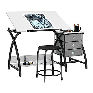 SD STUDIO DESIGNS 2 Piece Comet Center Plus, Craft Table and Matching Stool Set with Storage and Adjustable Top, Black/White, 50x23.75x29.5 inches