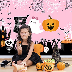 Mocsicka Halloween Boo Backdrop Cute Spooky Ghost Pumpkin Trick or Treat Background Pink Little Boo Girl Baby Shower or Birthday Party Cake Table Decoration Banner Photo Booth Props (7x5ft)