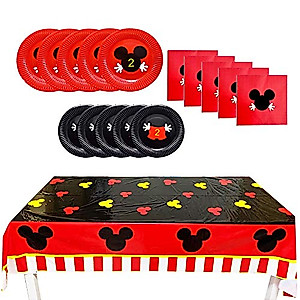 Mickey Themed 2nd Birthday Party Supplies Mickey Themed Party Decorations,Including 20 Paper Plates With Logo 2,10 Napkin,1 Table Cloth Serves 10 Guest For Baby Boys Girls Mouse Birthday Deocorations