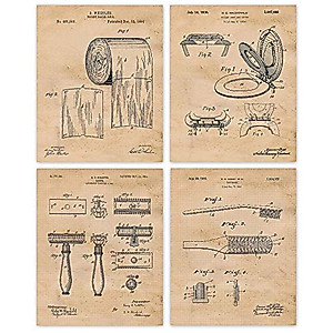Vintage Male Bathroom Humor Patent Prints, 4 (8x10) Unframed Photos, Wall Art Decor Gifts Under 20 for Home Office Garage Shop School College Student Teacher Coach Interior Design Architect Builder