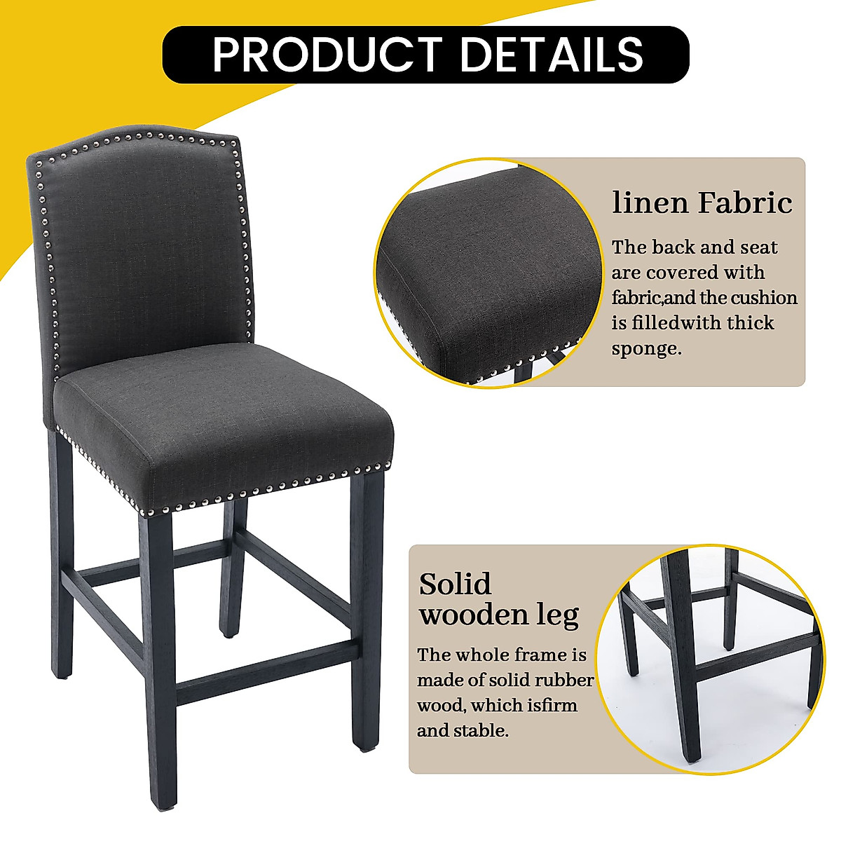 KCC Counter Height Bar Stool 26 Inches Upholstered High Back Barstool with Antique Nail Heads Solid Wood Set of 2 Counter Height Bar Chairs,Gray