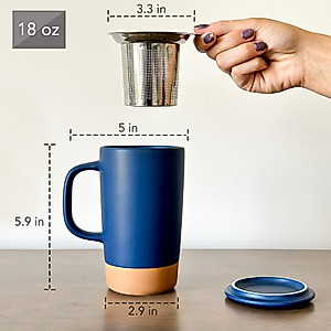 Mora Ceramics Large Tea Mug with Loose Leaf Infuser and Ceramic Lid, 18 oz, Portable, Microwave and Dishwasher Safe, Tall Coffee Cup - Rustic Matte Ceramic Glaze, Modern Herbal Tea Strainer, Deep Blue