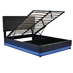 3-Pieces Queen Size Bedroom Sets,PU Upholstered Queen Platform Bed Frame with 2 Nightstands and USB Charging Station,Lift Up Storage Bed Queen,Bedroom Furniture Sets, Easy Assemble,Black