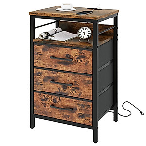 IBUYKE Nightstand with Charging Station,Side Table with Fabric Drawers, Bedside Table with USB Ports and Outlets, End Table for Bedroom, Living Room, Rustic Brown UTNS001H