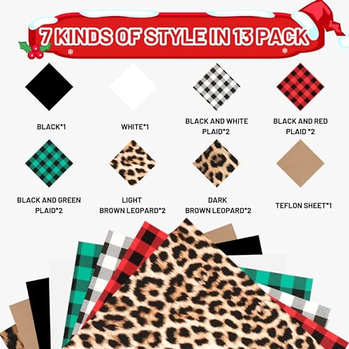 HTVRONT Christmas HTV Buffalo Plaid HTV Vinyl - 13 Sheets Heat Transfer Vinyl Leopard HTV - Plaid Iron on Vinyl for Cameo,Easy to Cut & Weed for Heat Vinyl Design