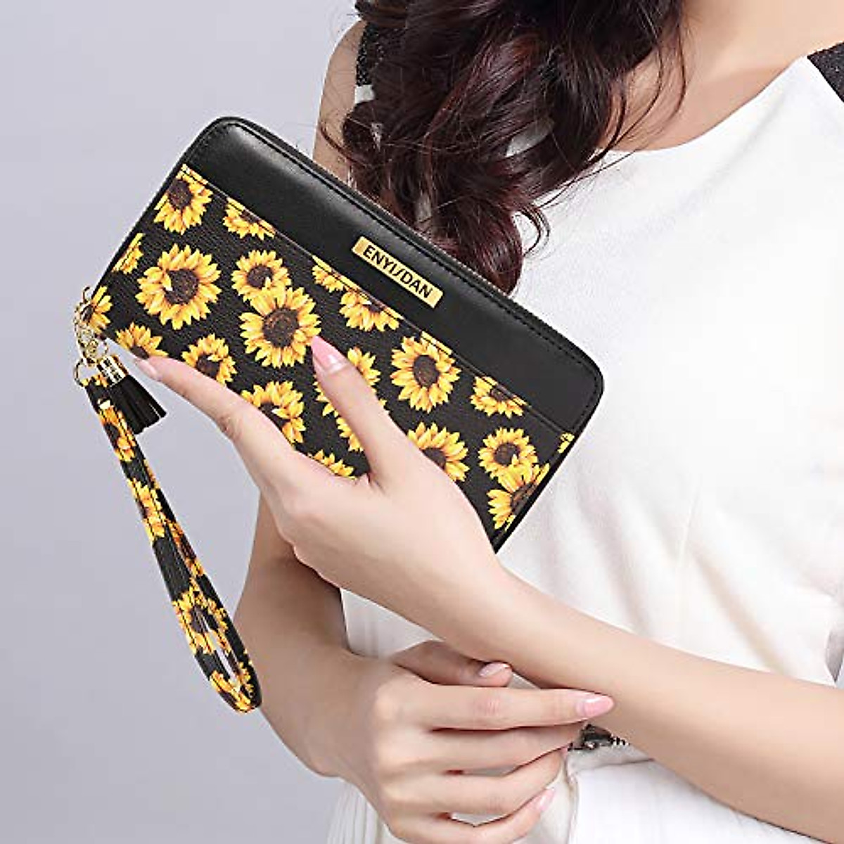 ENYISDAN Wristlet Wallets for Women Sunflower RFID Blocking Leather Zip Cute Long Purse Clutch