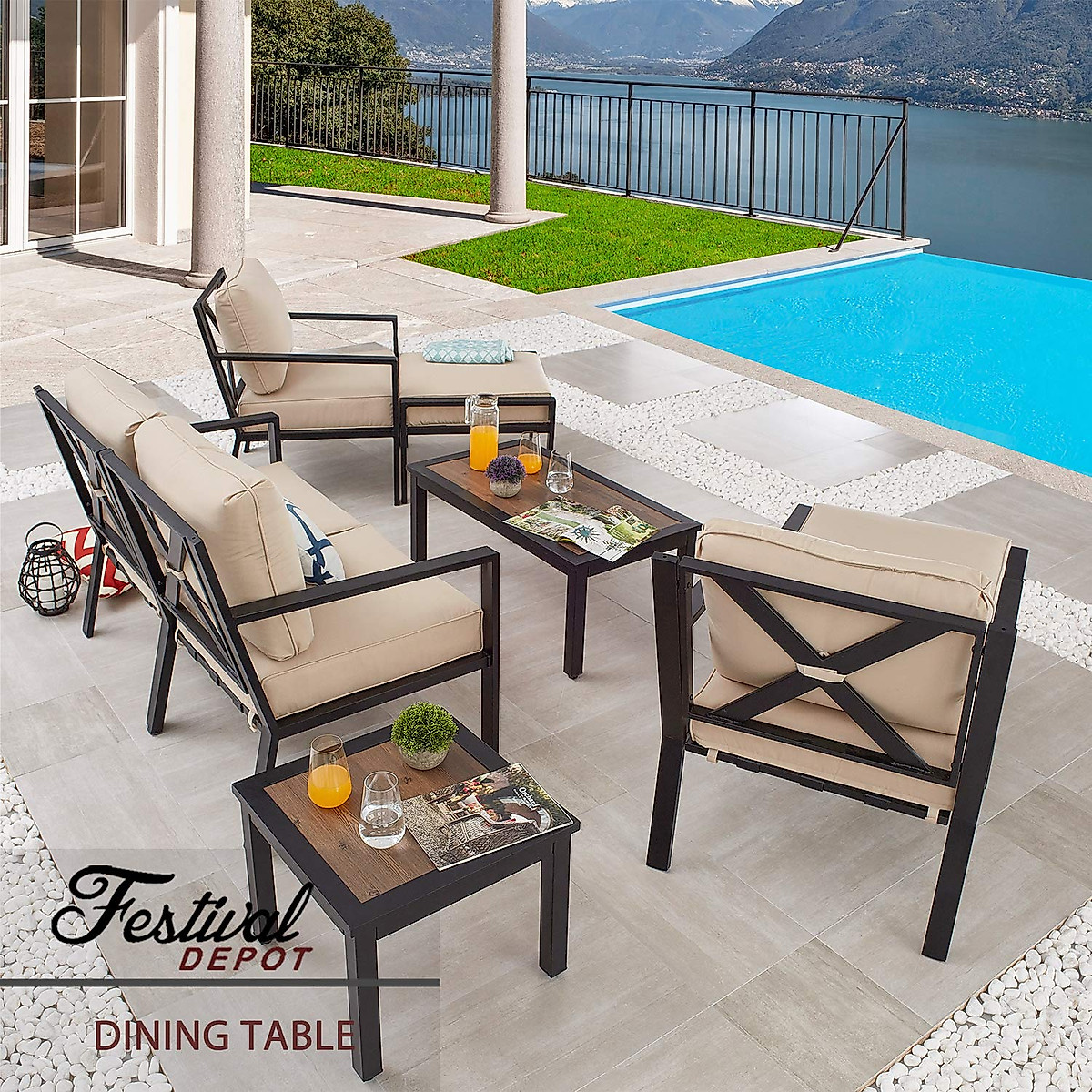 Festival Depot Patio Side Table Metal Coffee Table Table All Weather Outdoor Furniture for Bistro Porch Deck (Square)