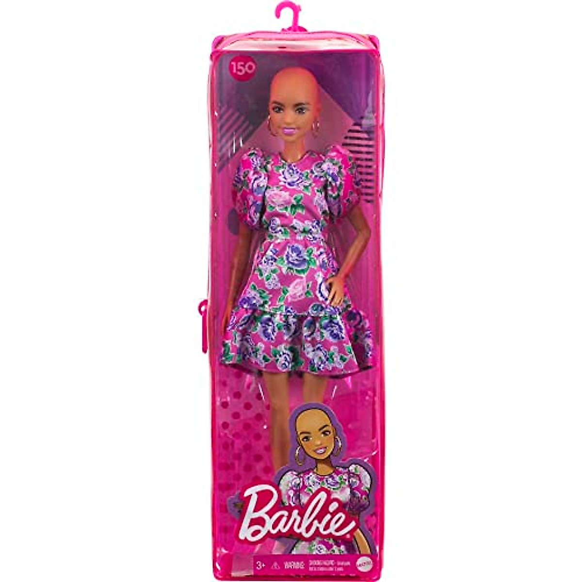 Barbie Fashionistas Doll #150 with No-Hair Look Wearing Pink Floral Dress, White Booties & Earrings, Toy for Kids 3 to 8 Years Old