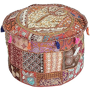 KLAVATE Indian Hippie Vintage Cotton Floor Pillow & Cushion Patchwork Bean Bag Chair Cover Boho Bohemian Hand Embroidered Handmade Pouf Ottoman (Brown, 13" H x 18" Diam.(inch))