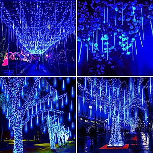 Adecorty Outdoor Christmas Lights Meteor Shower Lights UL Certified 8 Tubes 192 LED Snow Falling Rain Drop Lights Dripping Icicle String Lights for Christmas Tree Decorations Xmas Wedding Party, Blue