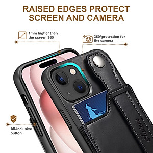 Hongxinyu for iPhone 15 2023 Case, PU Leather Wallet Case Back with Elastic Card Slot Magnetic Clasp Kickstand Hand Strap Protective Cover for iPhone 15 (Black)