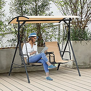 GXP Steel Outdoor Porch Swing Chair Patio Bench w/Storage Canopy, 2 Person Beige