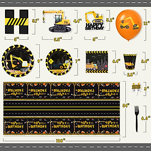 171Pcs Construction Birthday Party Supplies Include Dump Truck Banners, Hanging Swirls, Balloons, Plates, Paper Cups, Napkins, Forks, Cake Toppers, Tablecloth, Construction Party Set for 24 Guests