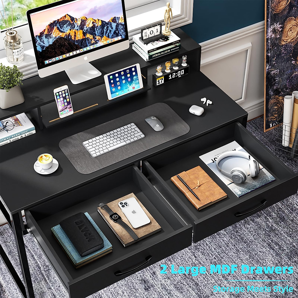 VEELOK Computer Desk with Drawers, 47" Home Office Desk with Monitor Shelf, Writing Desk with Storage, Gaming Desk Work Desk Study Desk for Bedroom, Black