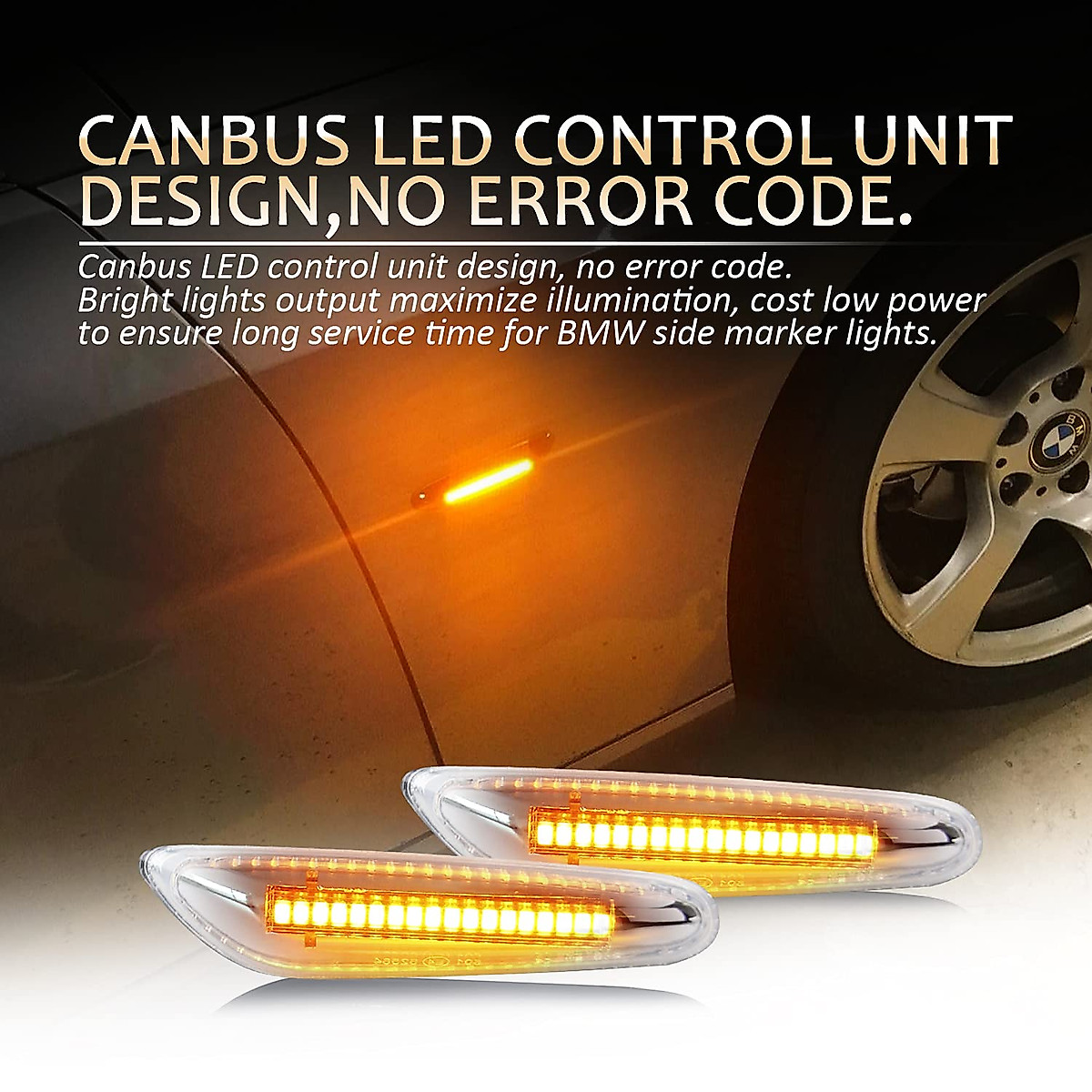 D-Lumina Chrome Sequential LED Side Marker Turn Signal Lights for BMW E90 E91 E92 E93 E46 E53 E60 E61 X3 E83 X1 E84 E81 E82 E87 E88, Dynamic Amber Lamps Replace OEM Side Marker Light, Pack of 2