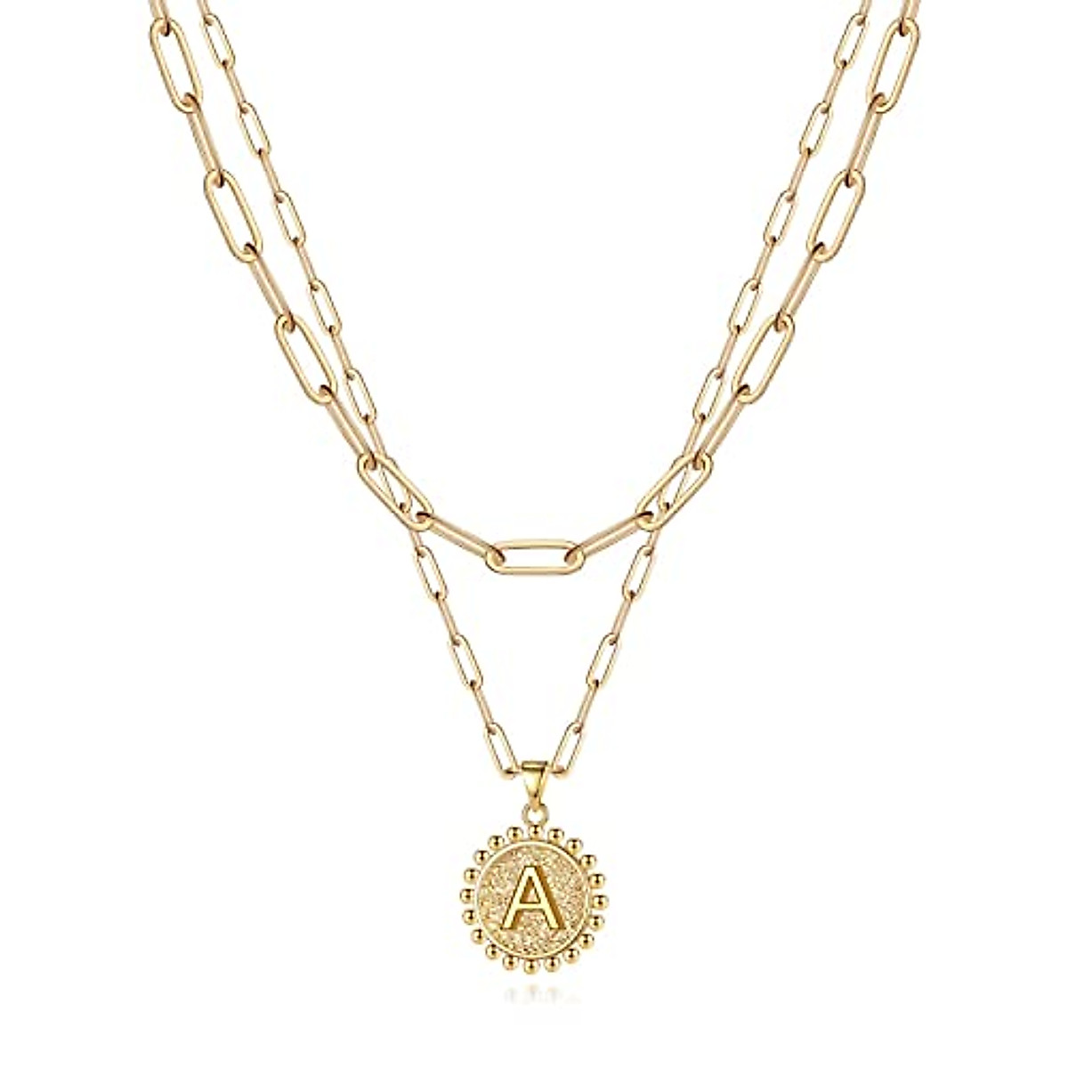 Gold Necklaces for Women , 14K Plated Layering Necklace Paperclip Link Choker Chain Personalized Layered Women Disc Initial Pendant A