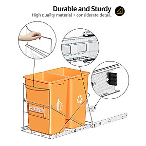 Double 37 Quart Pull Out Trash Can Under Cabinet, Under Sink Trash Can Rack, 70 Liter Total Capacity, Cabinet Trash Can Pull Out Kit, Not Included Can